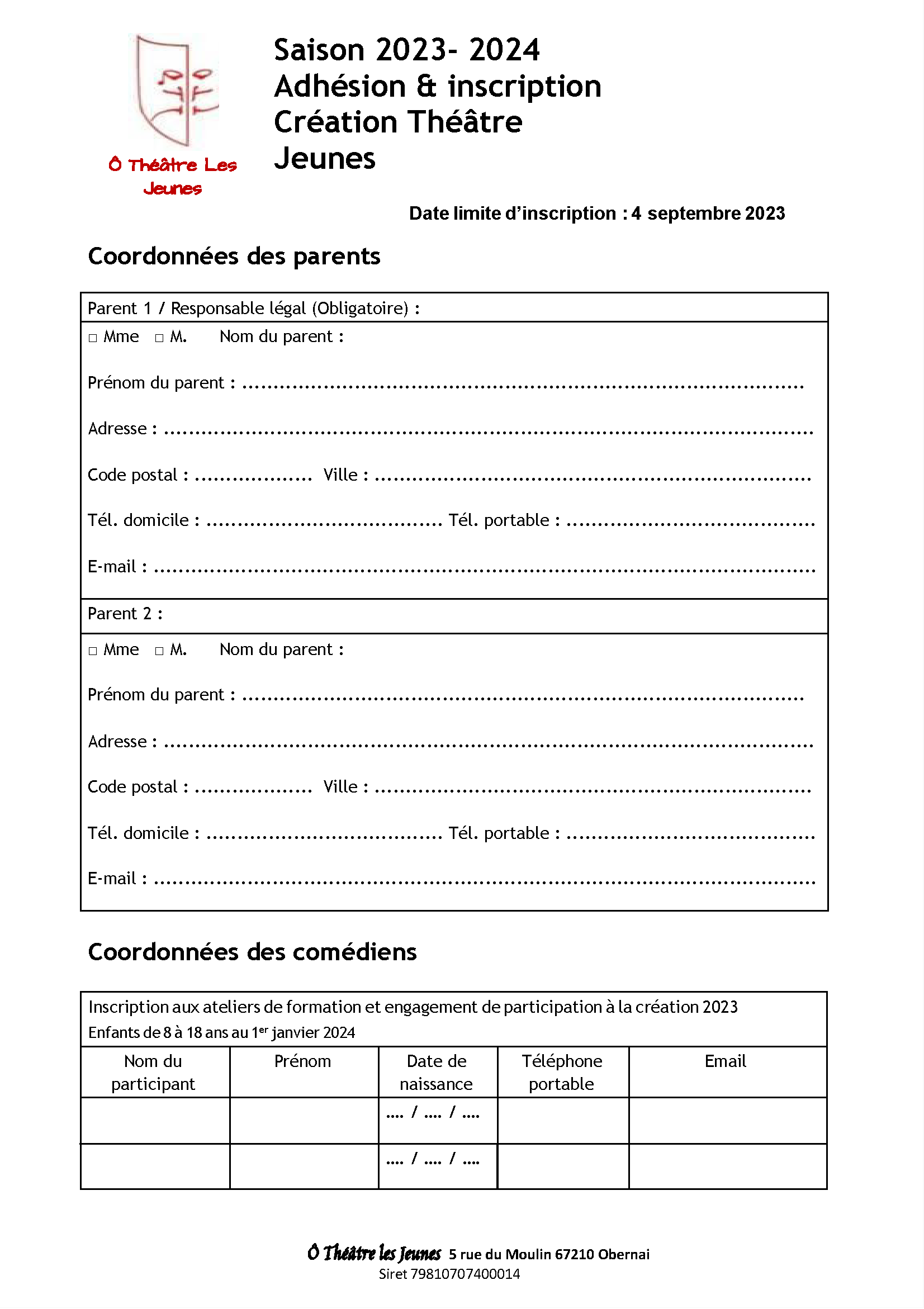 INSCRIPTION SAISON 2023/2024 - Association Ô Théâtre Les Jeunes